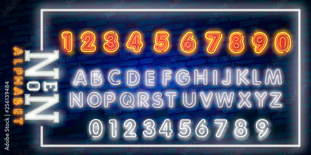 Bright Neon Alphabet Letters, Numbers and Symbols Sign in Vector. Night ...