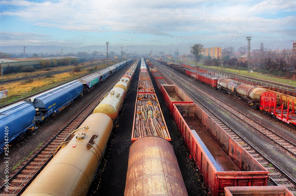 Railway station freight trains, Cargo transport Stock Photo | Adobe Stock
