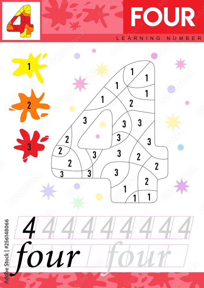 Learn numbers 4. Four. Kids learn to count worksheet. Children ...