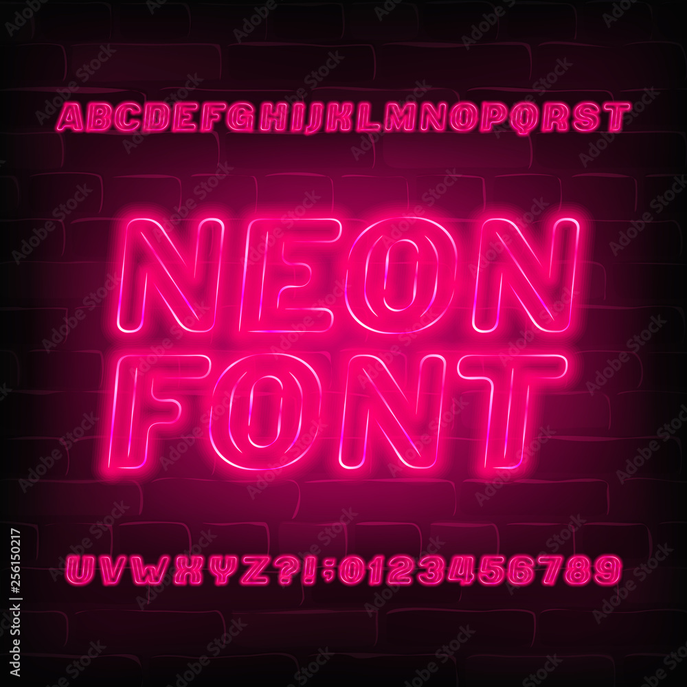 Red neon alphabet font. Neon color light bulb oblique letters and ...