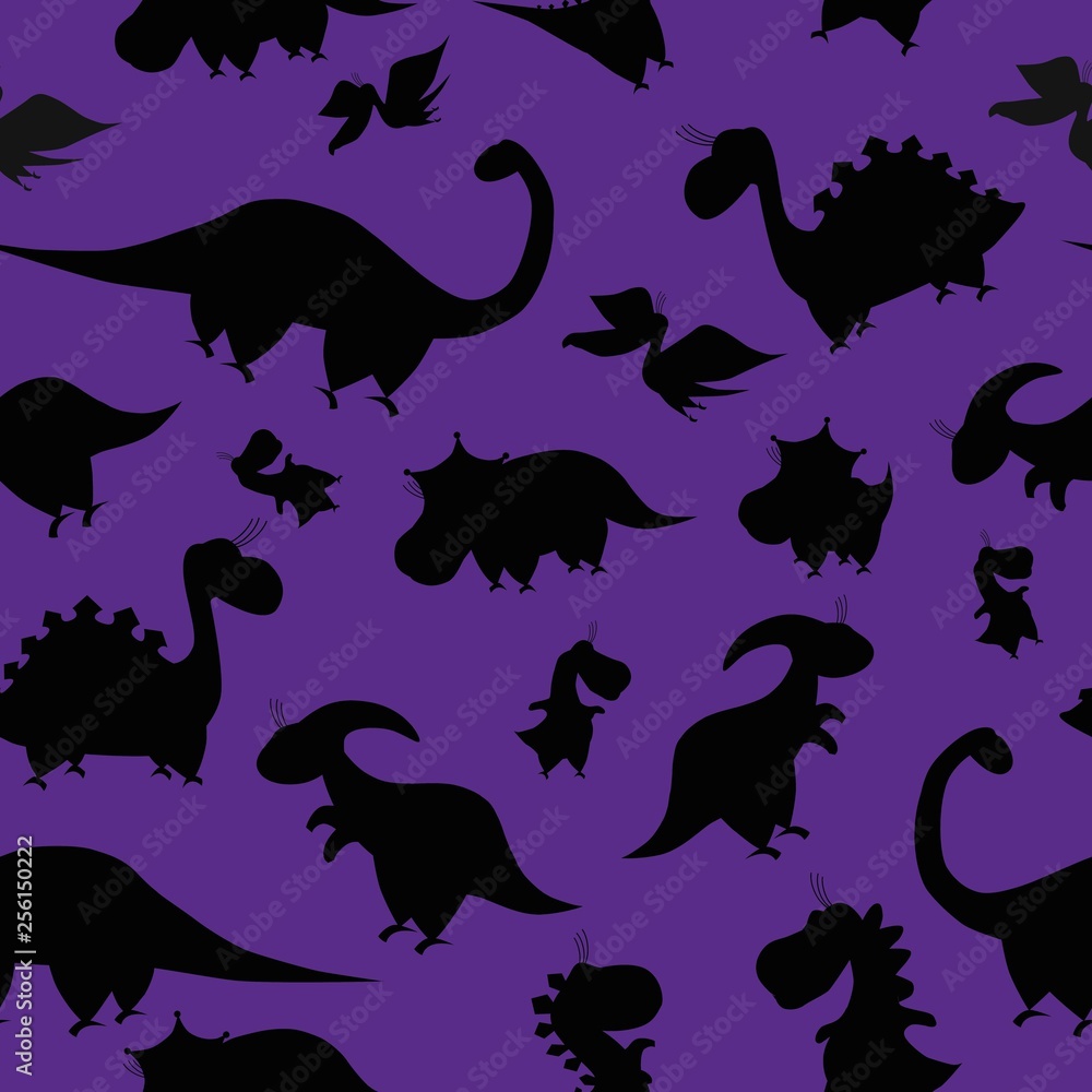 Seamless pattern dinosaurs shadow. Animal purple background with black ...