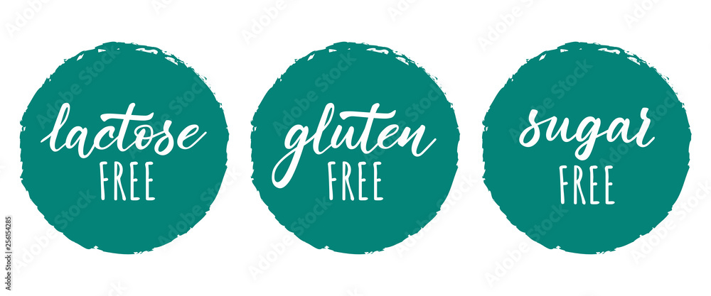 Lactose, Gluten, Sugar free - hand lettering inscription with font. Set ...