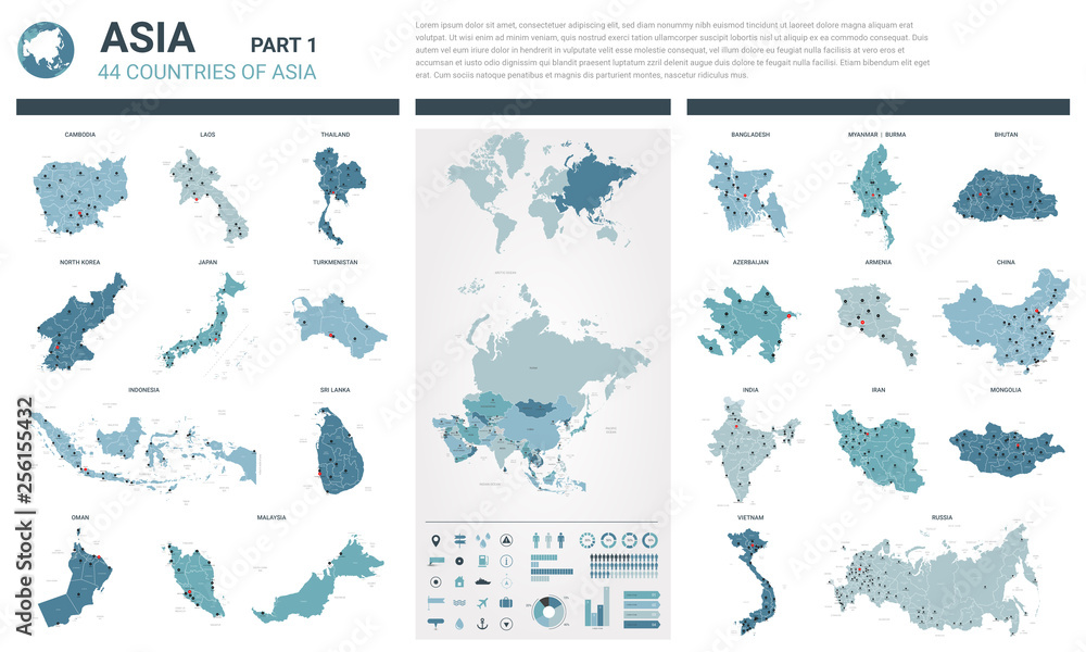 Vetor do Stock: Vector maps set. High detailed 44 maps of Asian ...
