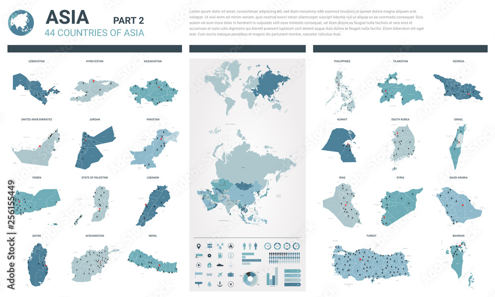 Vector maps set. High detailed 44 maps of Asian countries with ...