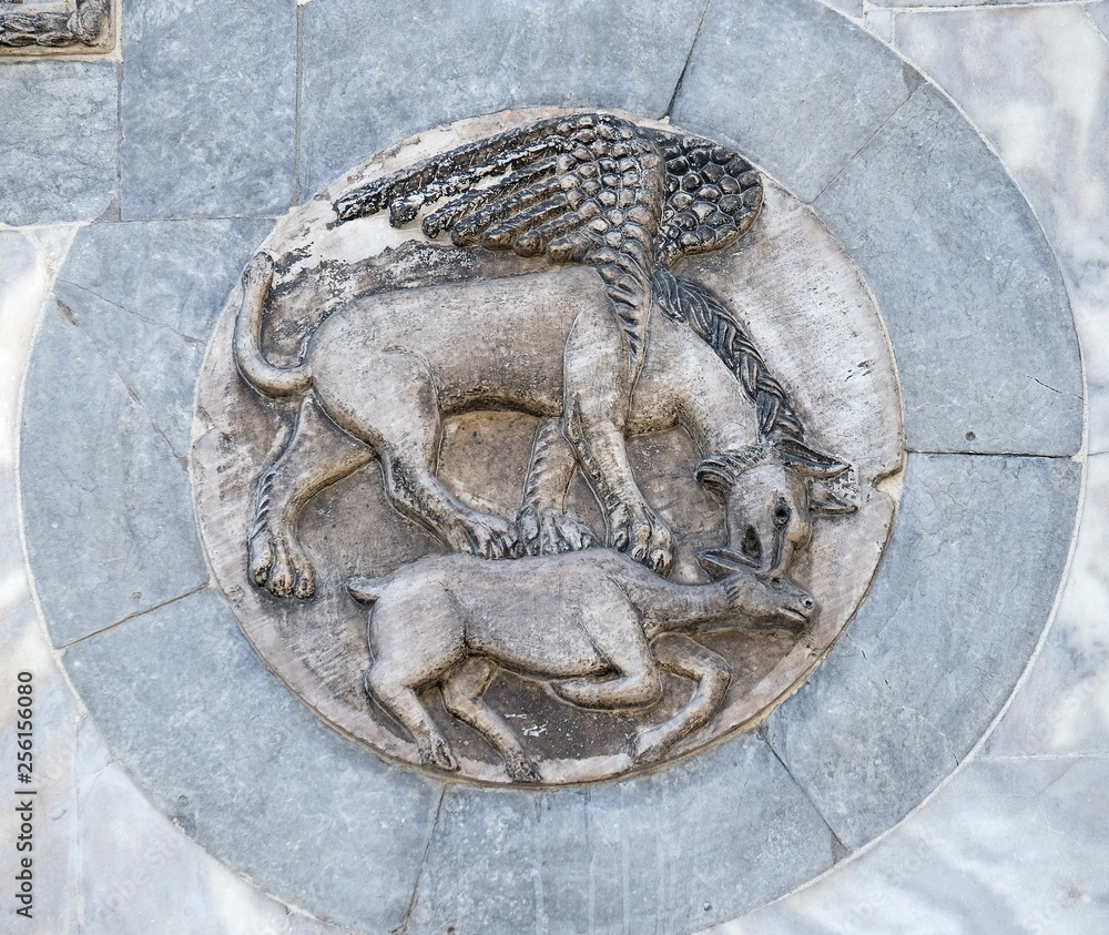 Marble bas relief panel of byzantine origin showing a mythical griffon ...