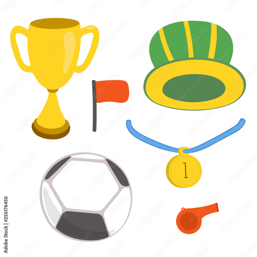 Football cartoon set: soccer ball, flag, champion's cup, medal, whistle ...