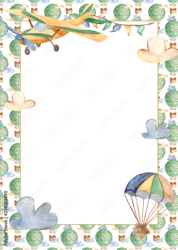 Watercolor frame with air transport. Children's cartoon illustration of ...