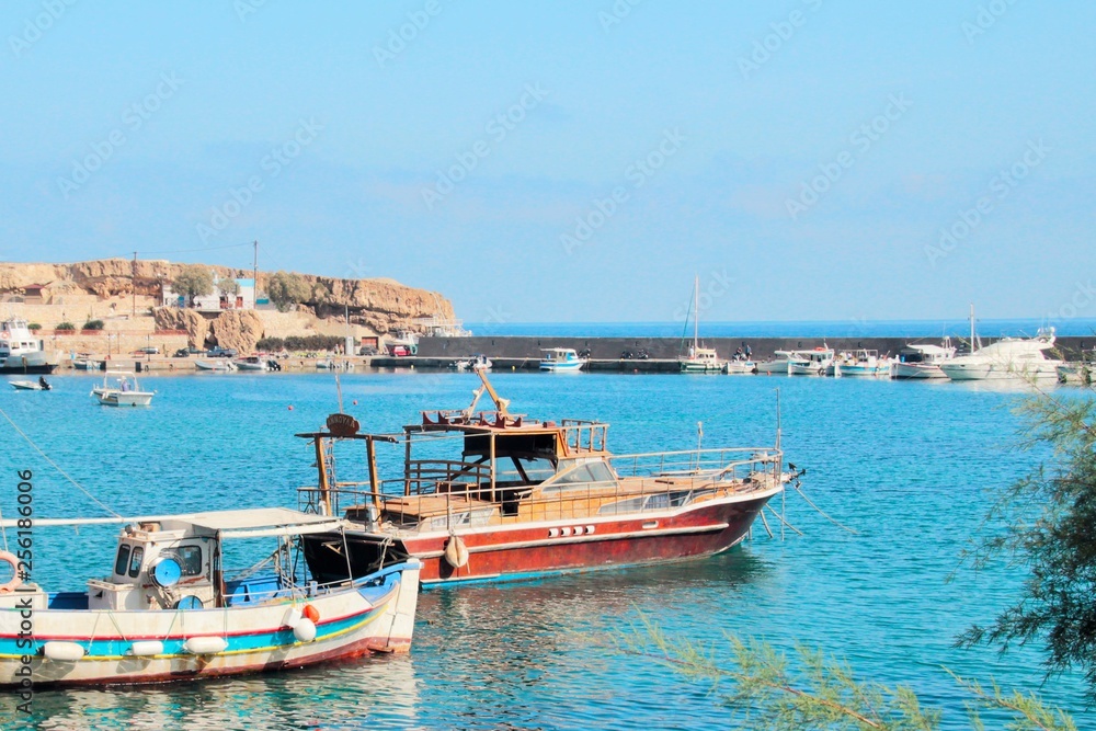 Old bay in the city of Chersonisos on the island of Crete, view of the ...