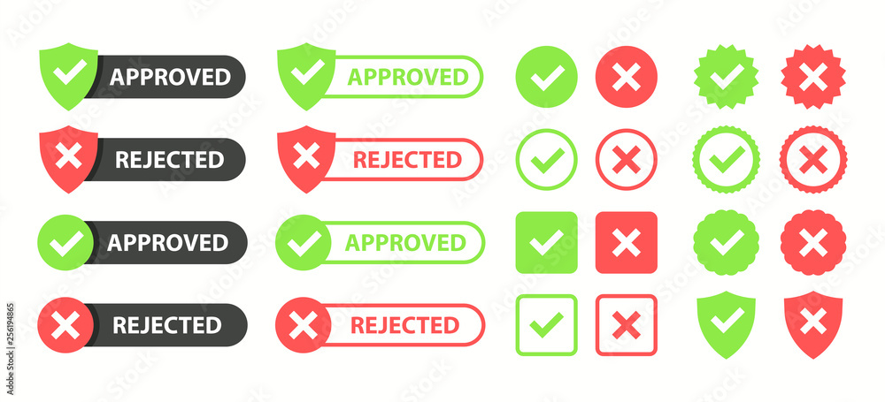 Vetor de Approved and rejected set. Approved or Certified icon. Green ...