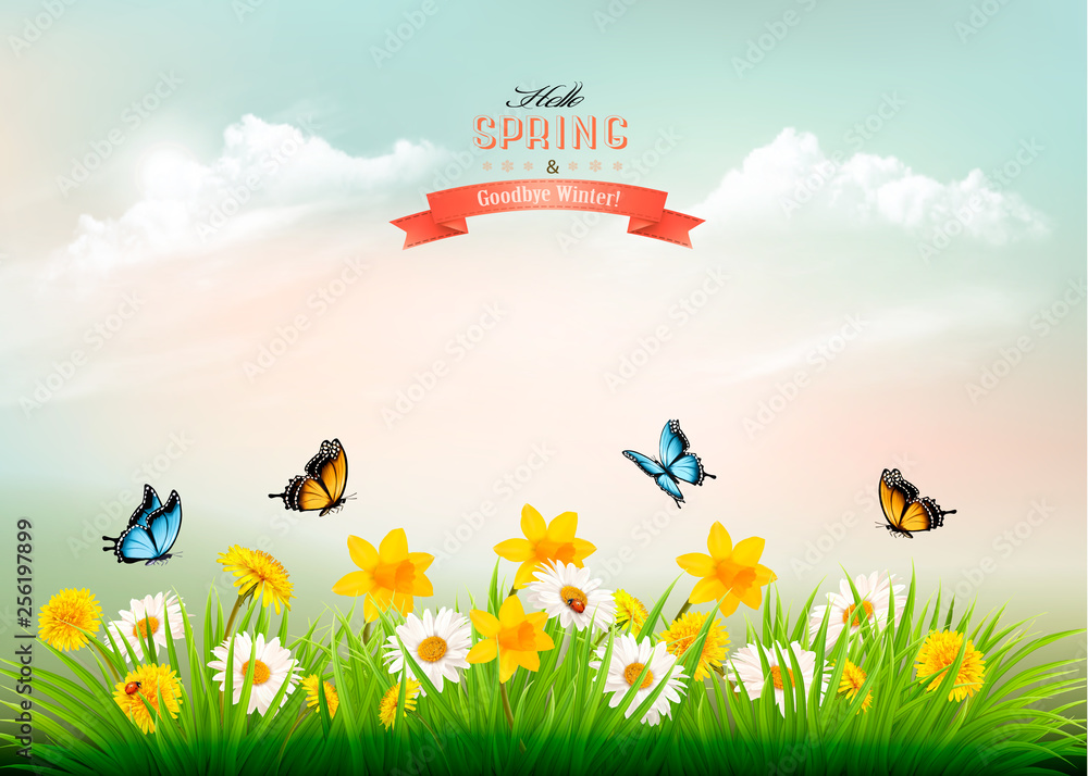 Nature spring background with grass and flowers and butterflies. Vector ...