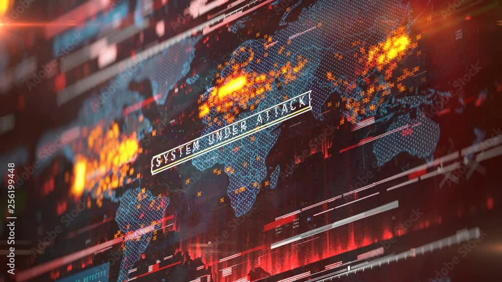Global hacking attack, system down, security breach, map of hacking ...