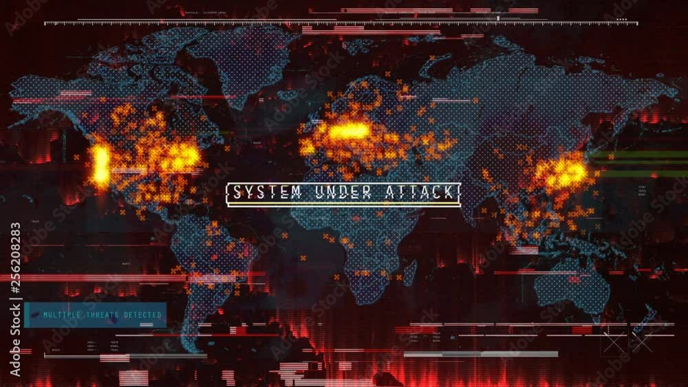 Global map showing centers of hacking attack, computer virus infection, breach. Generic hacking ...