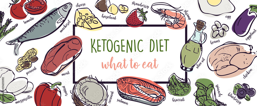 Ketogenic Diet vector sketch banner illustration. Healthy concept with ...