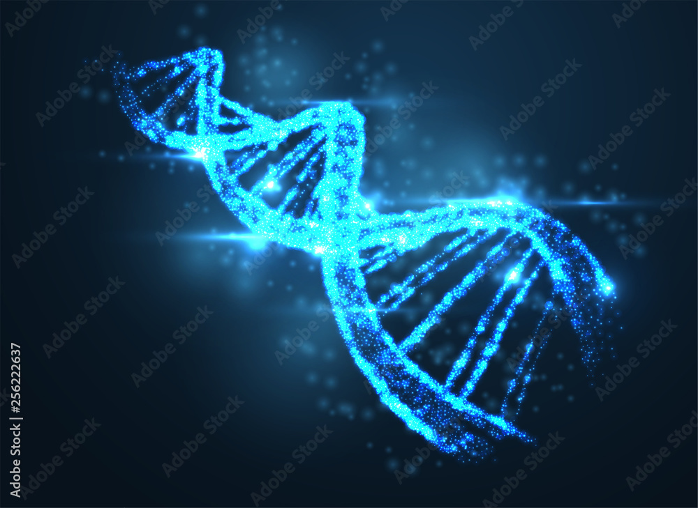 Abstract luminous DNA molecule, neon helix on blue background. Medical ...