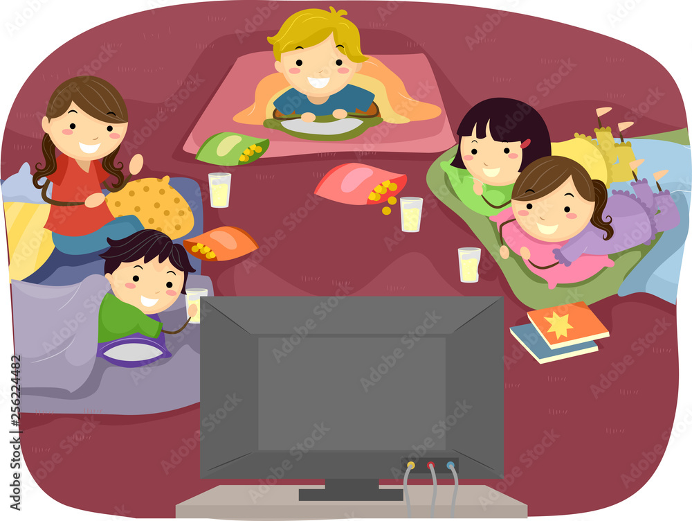 Stickman Kids Sleep Over Movie Night Illustration Stock Vector | Adobe ...