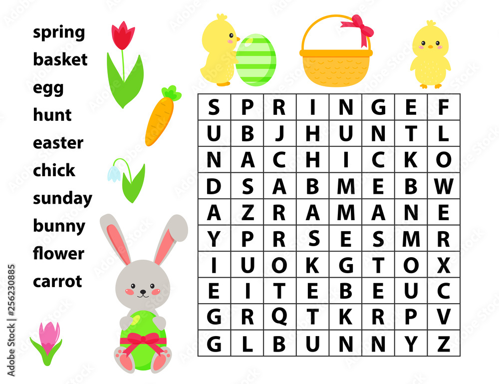 Easter educational game for kids. Word search game. Spring theme ...