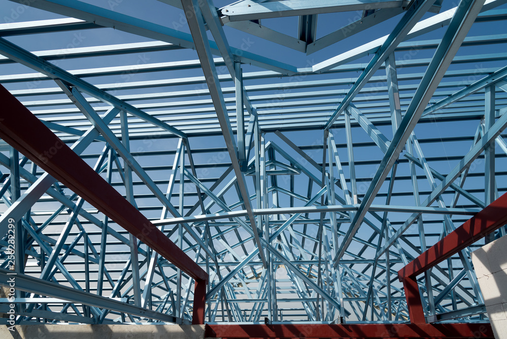 Structure of steel roof frame for building construction. Stock Photo ...