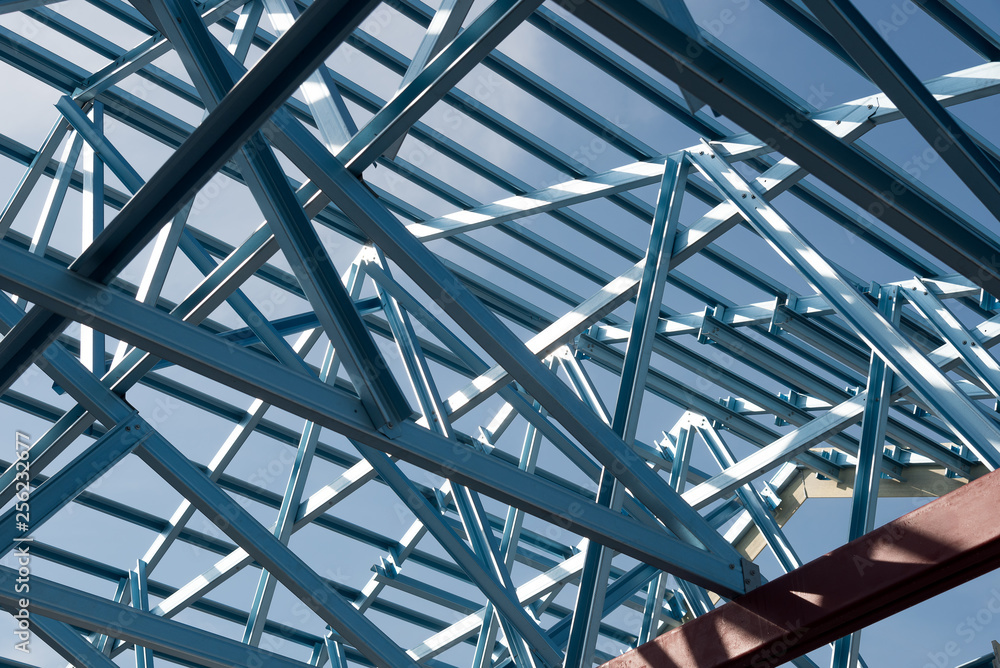 Structure of steel roof frame for building construction. Stock Photo ...