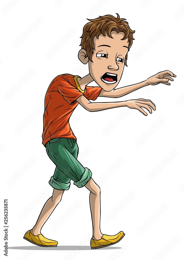 Cartoon brunette walking funny tired boy character. Isolated on white ...