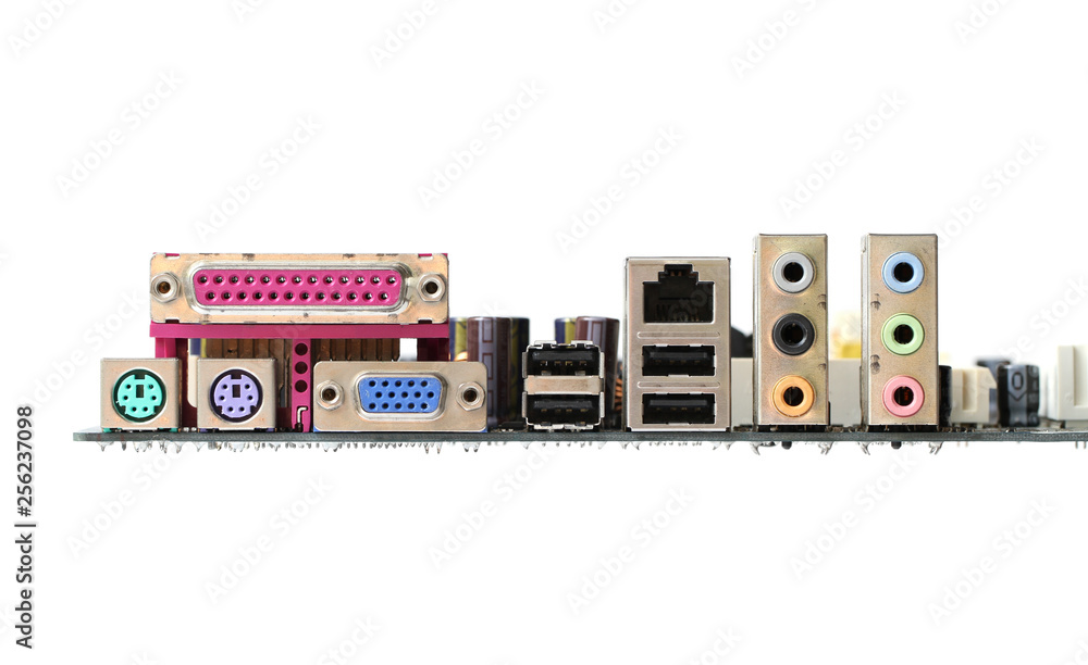 Computer mainboard back panel connector isolated on white background ...