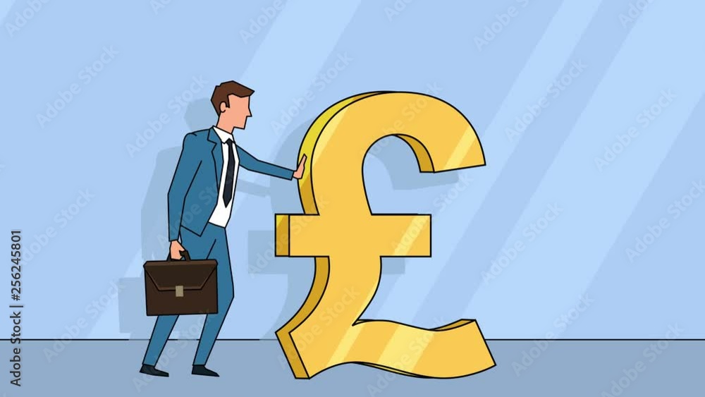 Flat cartoon businessman character with case bag pushes a pound ...