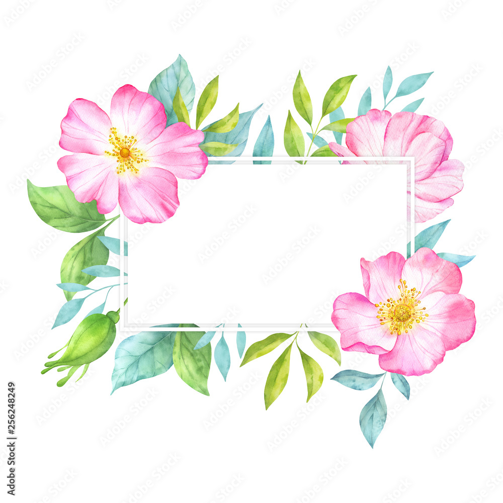 Watercolor floral rectangular frame with pink wild rose flowers, bud ...
