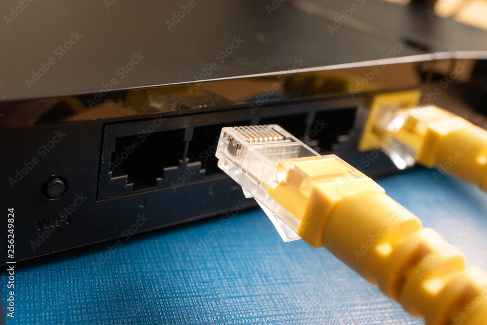 the rg45 patch cord is inserted into the black connector of the router ...