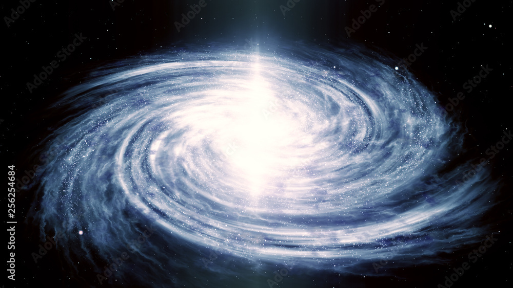 3D illustration of spiral Milky Way galaxy rotation in space filled ...