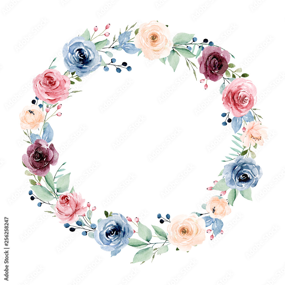 Wreath of watercolor flowers. Round frame with peonies, roses. For ...