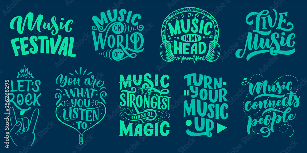 Set with inspirational quotes about music. Hand drawn vintage ...