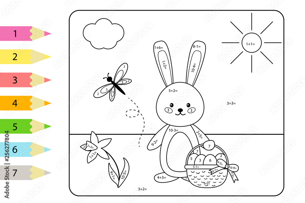 Educational coloring page for kids. Paint color by subtraction and ...