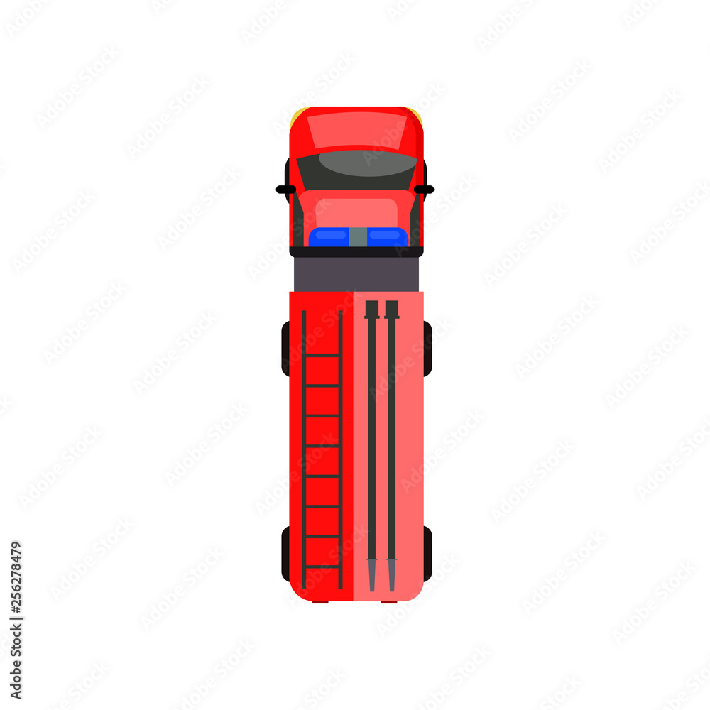 Fire engine vehicle. Top view of red long vehicle for firefighting ...