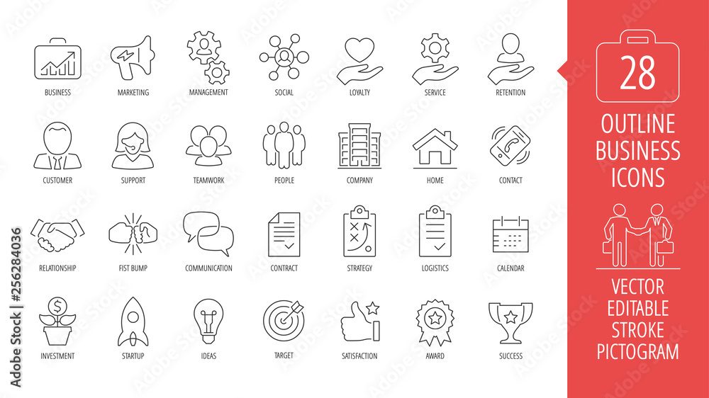 Vector business isolated editable stroke thin line icon set with ...