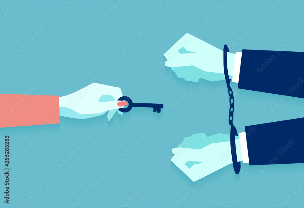 Vector of a female hand, unlocking male from handcuffs by key sending ...