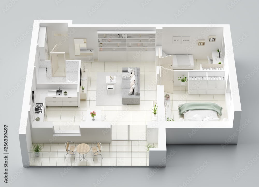 3D Floor plan of a home, 3D illustration. Open concept living apartment ...