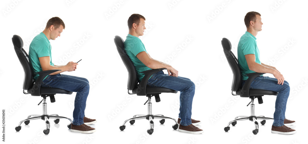 Collage of man sitting on chair against white background. Posture ...