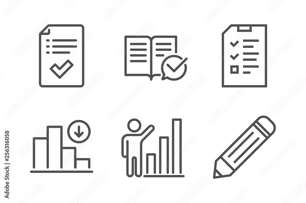 Interview, Decreasing graph and Approved documentation icons simple set ...