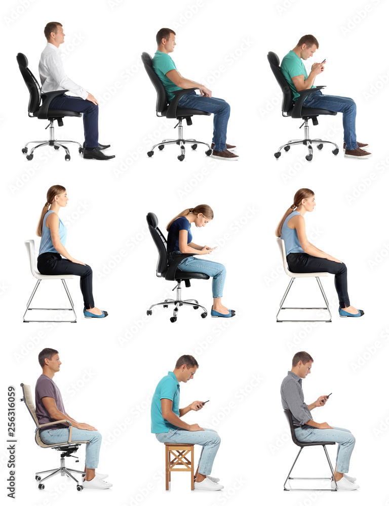 Collage of people sitting on chairs against white background. Posture ...