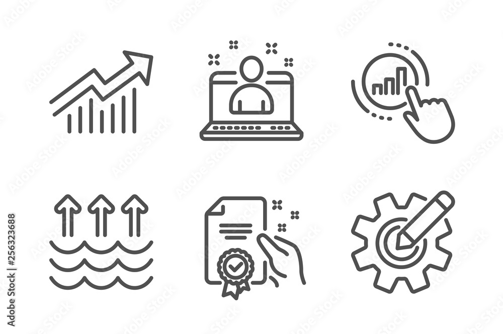 Demand curve, Graph chart and Certificate icons simple set. Evaporation ...
