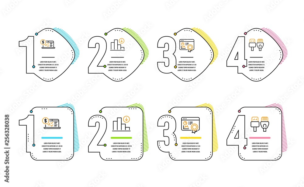Seo certificate, Online accounting and Decreasing graph icons simple set. Computer cables sign ...