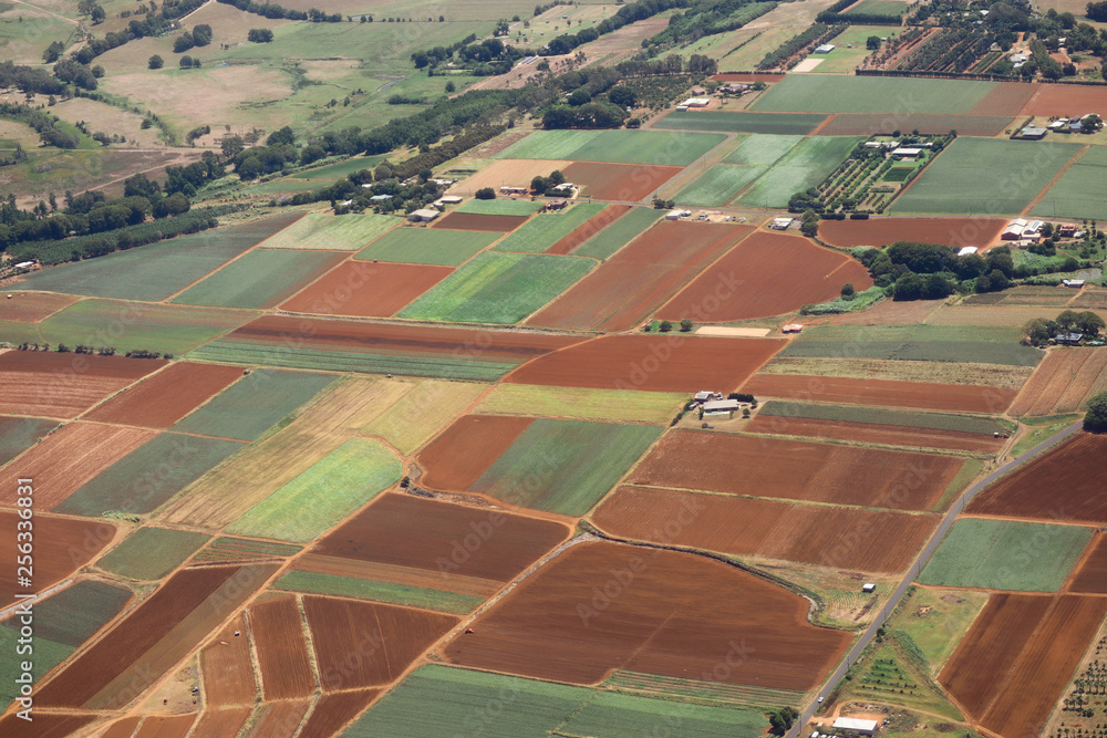 An ariel photo of fields in a square pattern that have been planted and ...