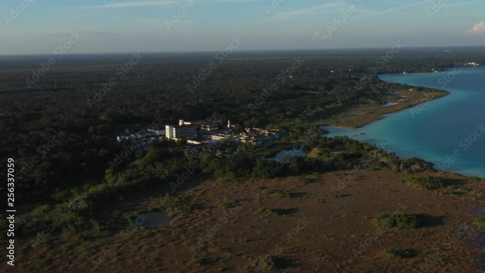 Aerial view of resort hotel on lake Bacalar the lagoon of seven colors ...