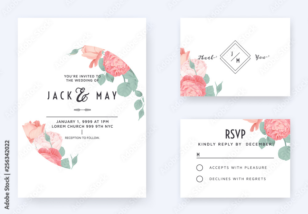 Minimalist floral wedding invitation card template design, pink rose ...