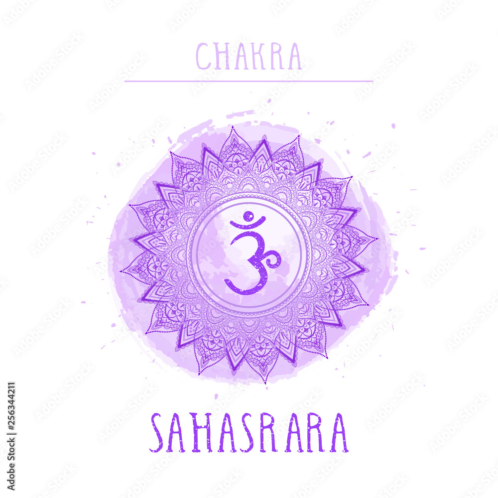 Vector illustration with symbol chakra Sahasrara and watercolor element ...