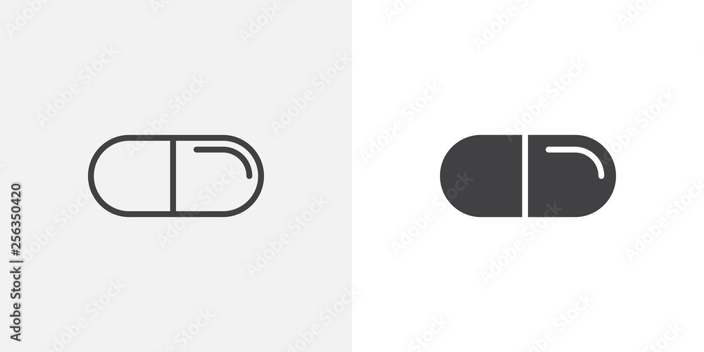 Medicine capsule icon. line and glyph version, outline and filled ...