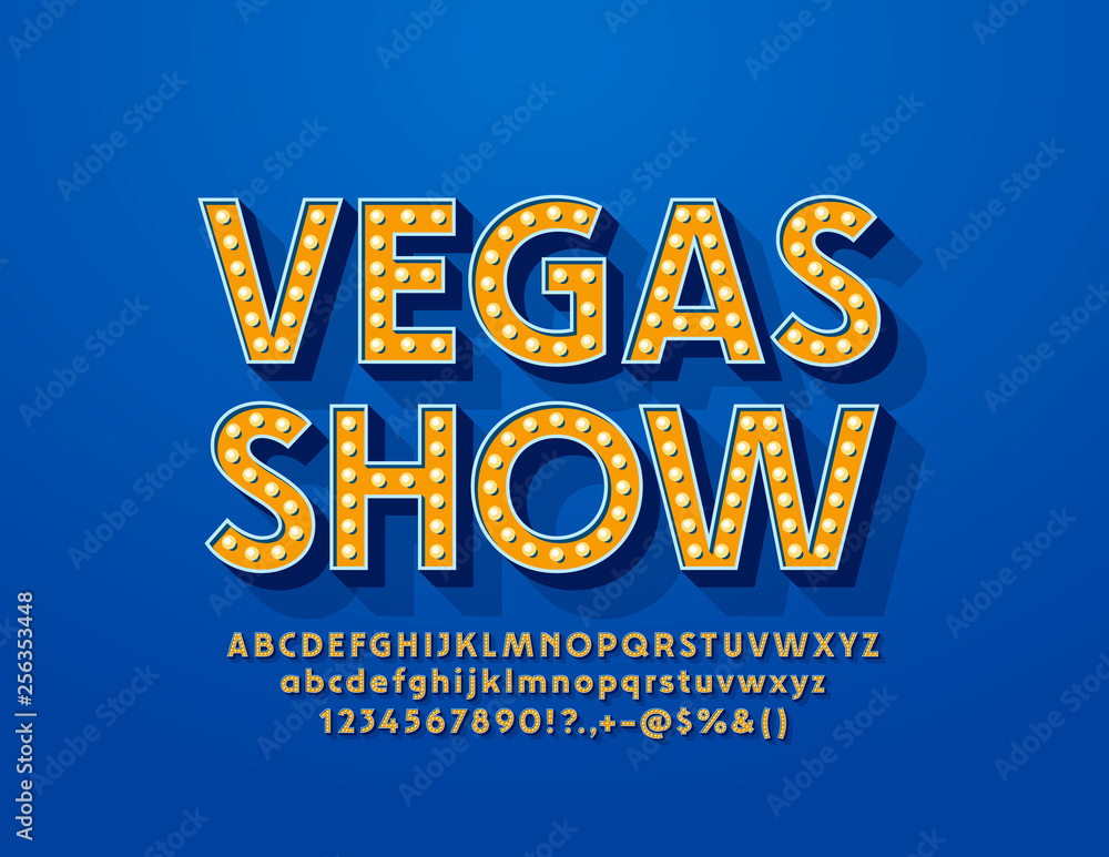 Vector glowing emblem Vegas Show. Font with Lamps. Illuminated Alphabet ...