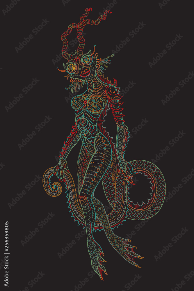 Vector ornate contour drawing of fantasy reptile woman on a black ...