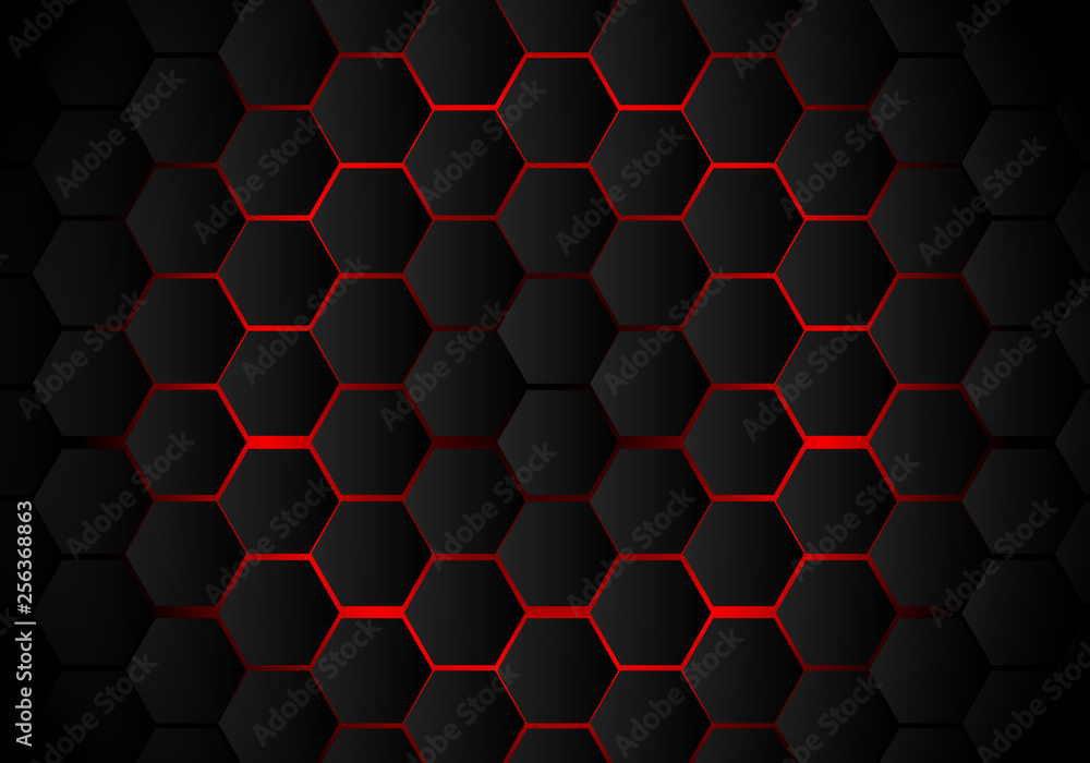 Abstract black hexagon pattern on red neon background technology style ...