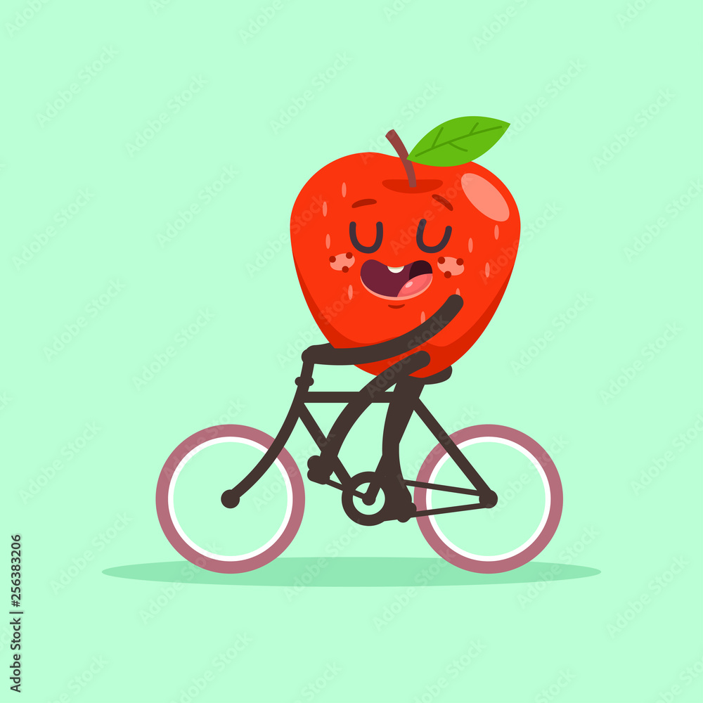 Cute apple rides a bike. Vector cartoon fruit character isolated on ...