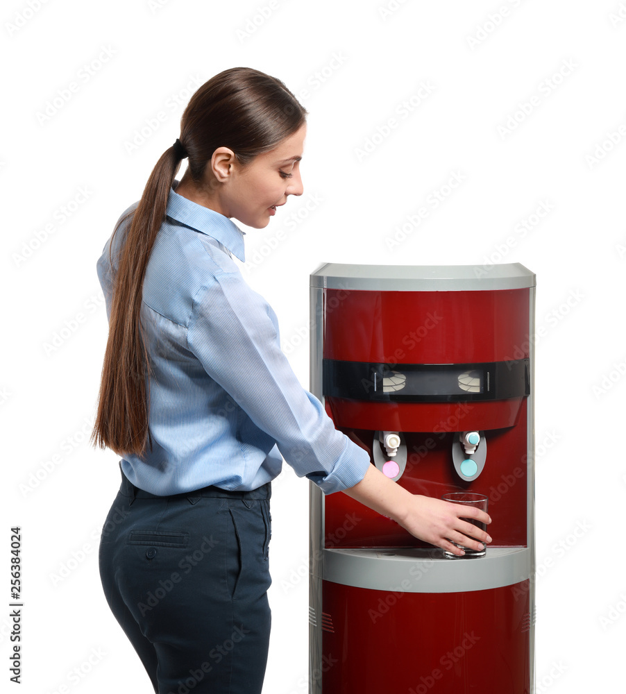 Woman pouring water from cooler on white background Stock Photo | Adobe ...